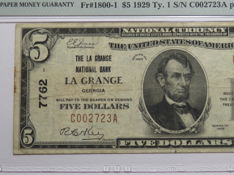 $5 1929 La Grange Georgia GA National Currency Bank Note Bill Ch. #7762 ...