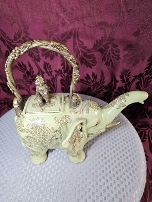 Antique Asian Ceramic Hand Painted Elephant Teapot with Brass Handle ...