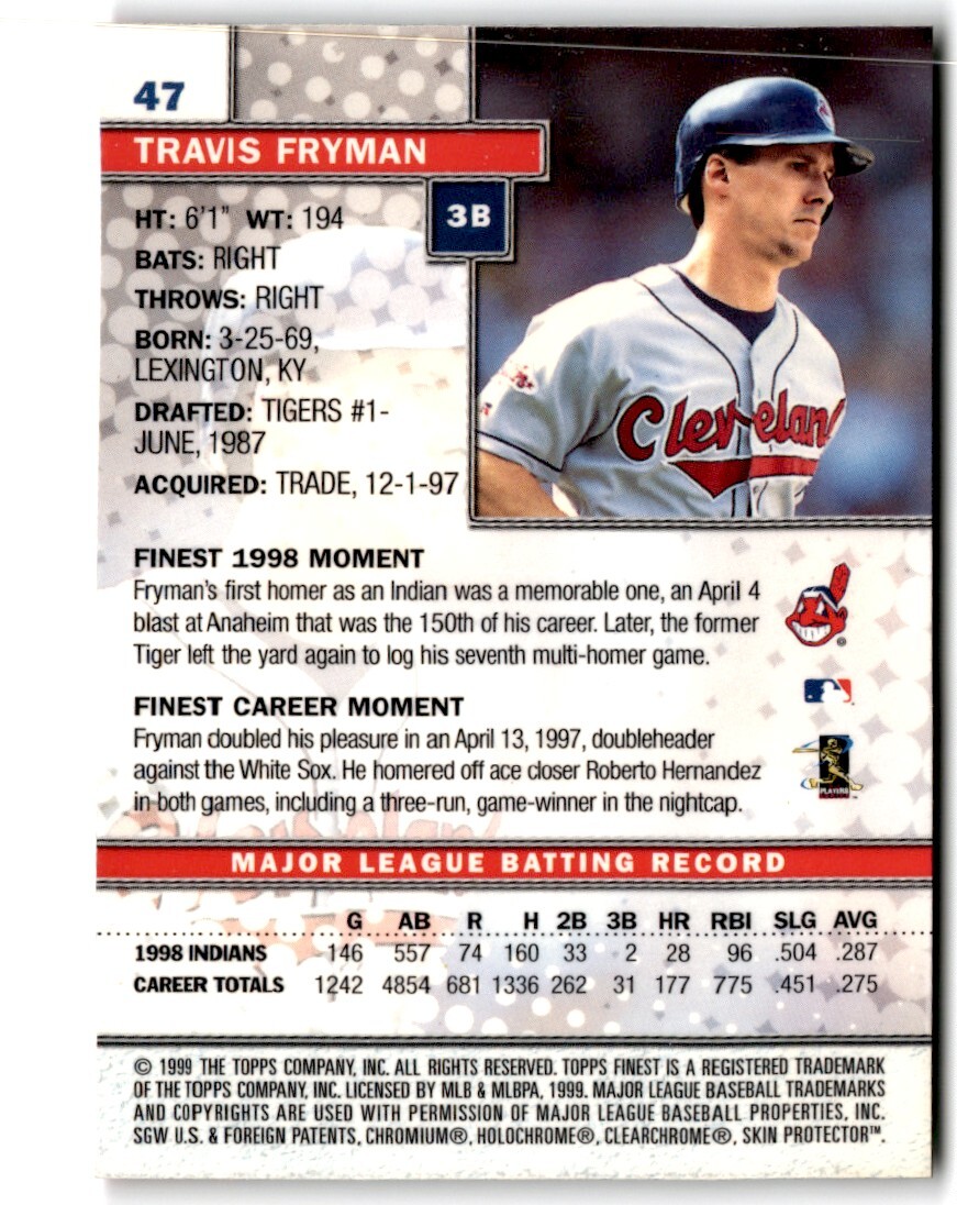 1999 Finest w/ Coating Travis Fryman Cleveland Indians #47 | eBay