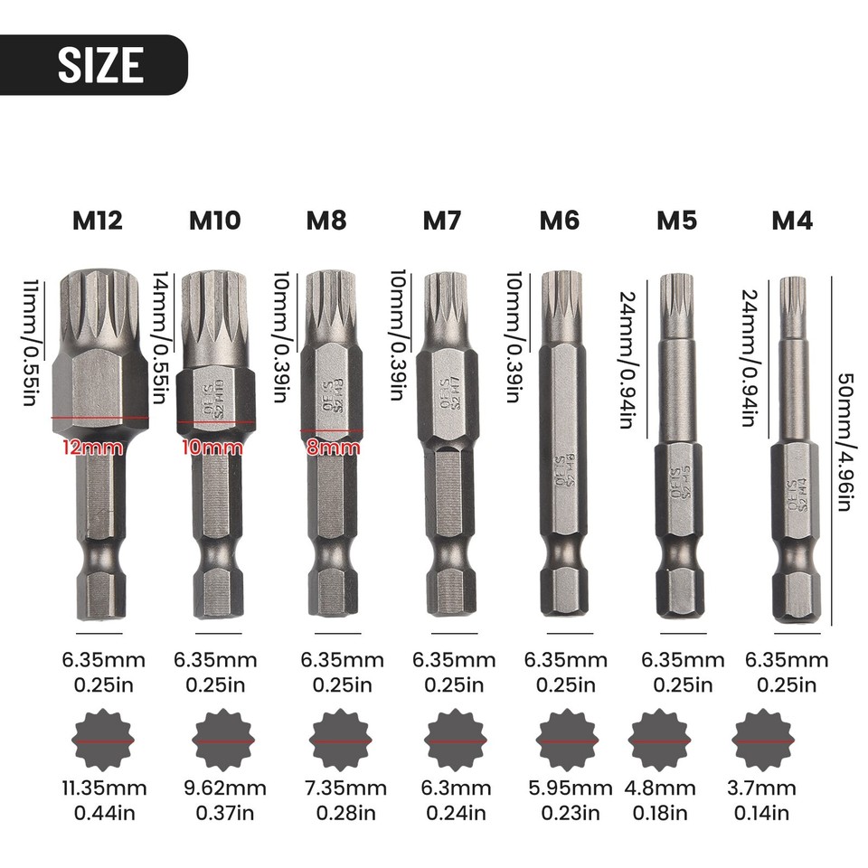 12 Point Torx Screwdriver Bit Set M4 M5 M6 M7 M8 M10 M 12 Hex Shank ...