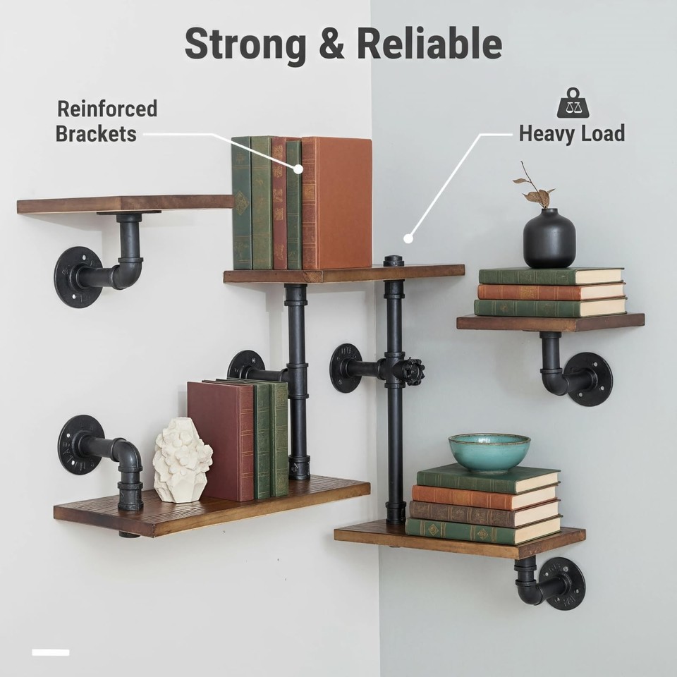 Industrial Rustic Modern Wood Ladder Pipe Wall Mounted Floating Shelves ...