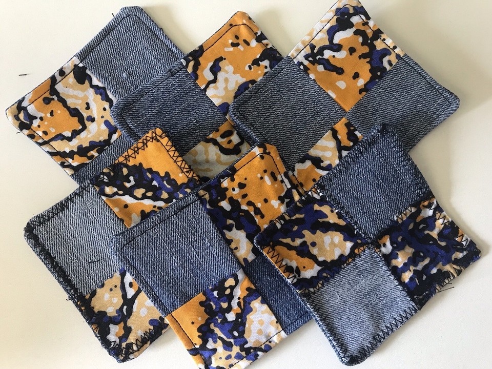 Coasters Mug Rugs Recycled Denim And Orange Batik 3.5’x3.5’ Handmade | eBay