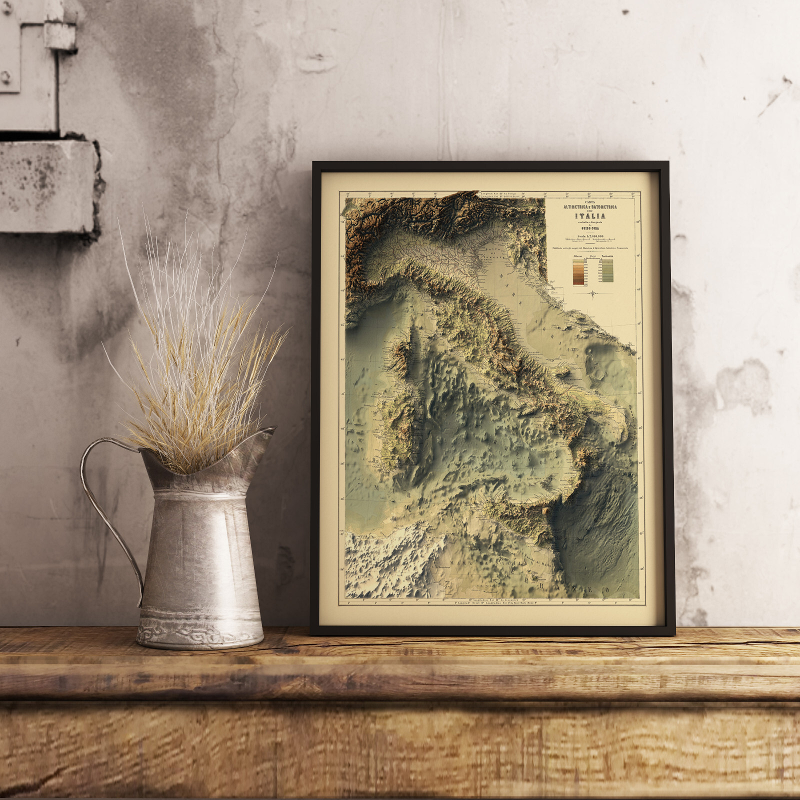Italy Map, Italy Bathymetric 2D Relief Map, Italy Vintage Map - 2D Flat ...