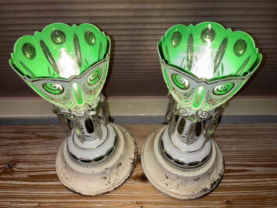 Antique Pair Czech Bohemian Mantle Luster Lamps ~ Cased Glass White Cut ...