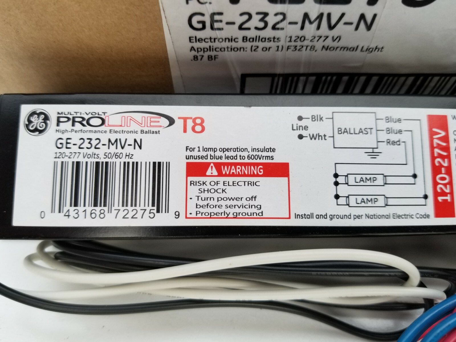 GE Proline T8 Ballast GE-232-MV-N Product Code 72275 120-277V 2N Brand ...