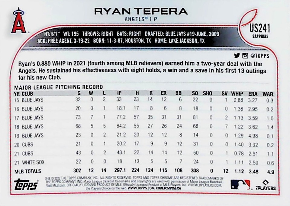 2022 Topps Chrome Update Sapphire US241 Ryan Tepera Los Angeles Angels ...