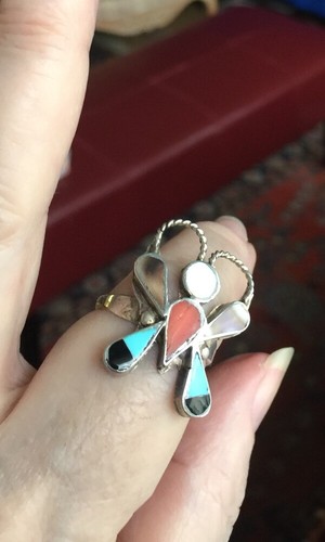 Vintage Zuni Butterfly Inlaid Mosaic Turquoise Coral Shell MOP Statement Ring 9 | eBay Australia