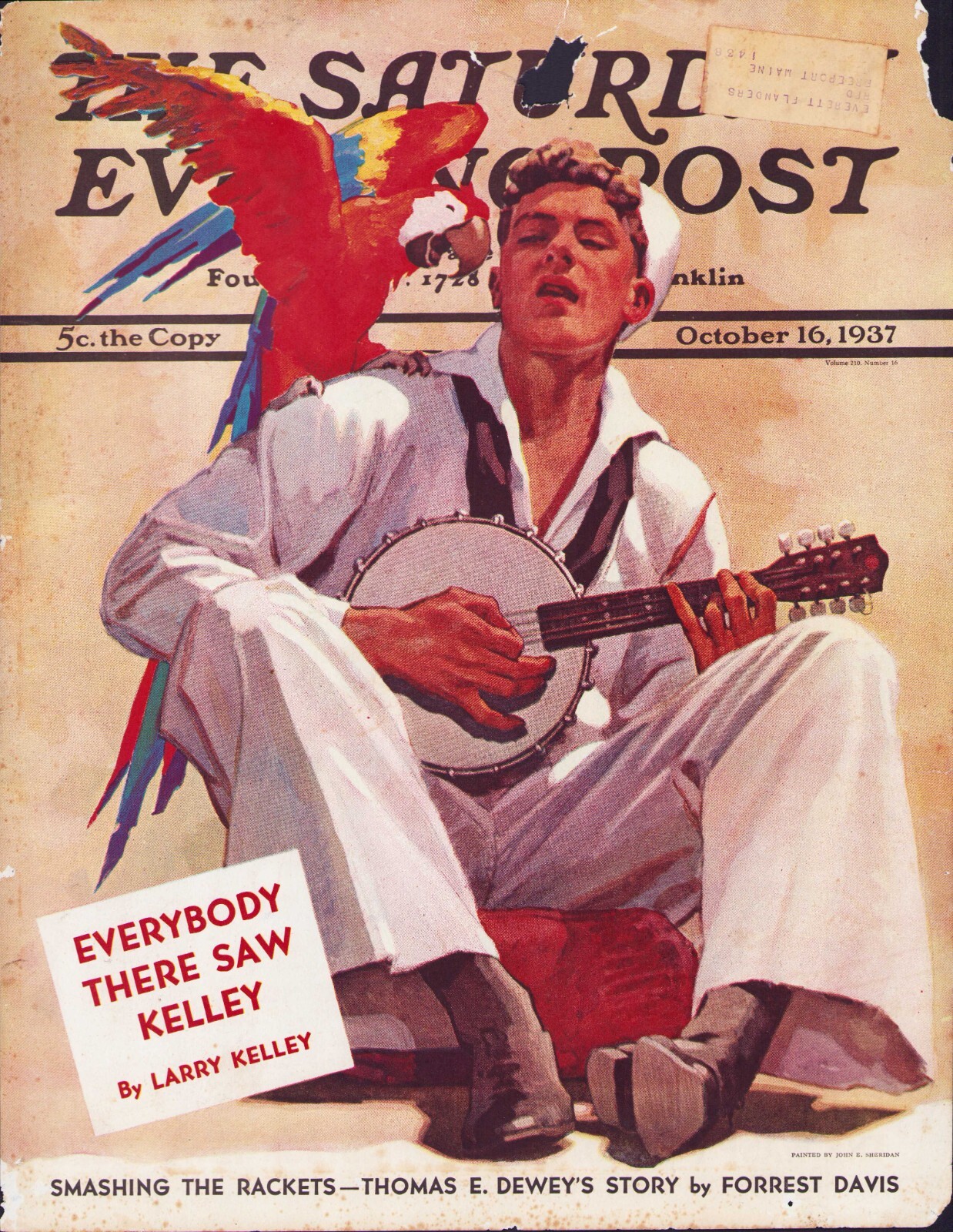 OCT 16 1937 Navy Boy & Parrot in Song SATURDAY EVENING POST COVER ONLY ...