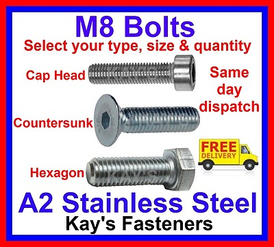 M8 Bolts Screws Countersunk Cap Hexagon 8mmØ A2 Stainless Steel Kays ...