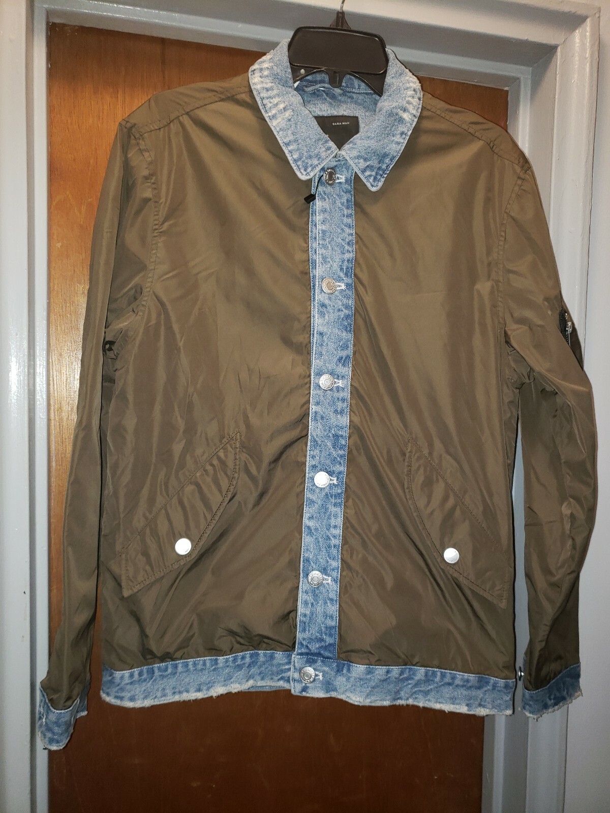 Mens S Zara Man Denim Flight Jacket Army Green Olive bomber colorblock ...