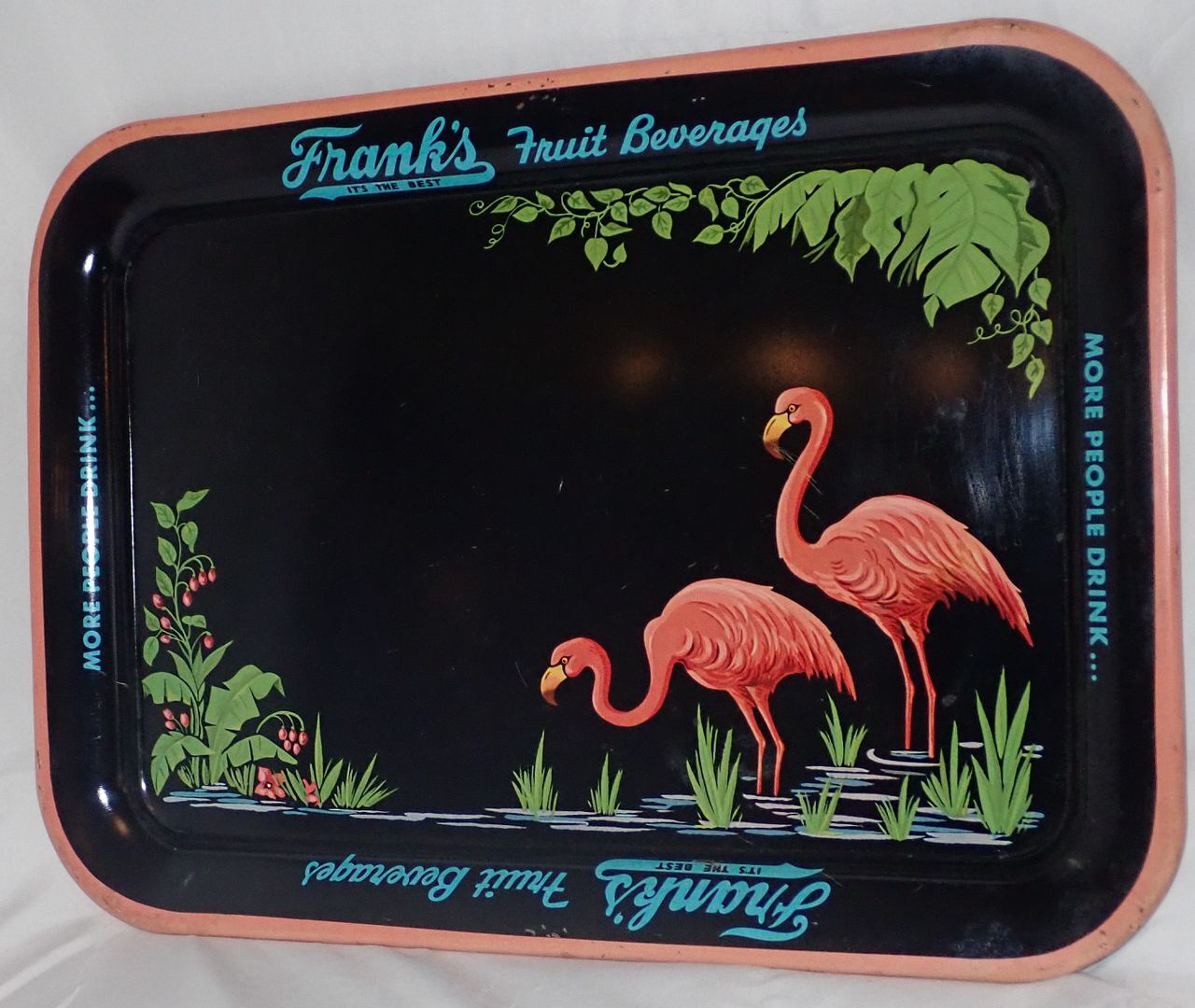 Vintage Metal Tin Serving Tray FRANK’S FRANKS FRUIT BEVERAGES Flamingos ...