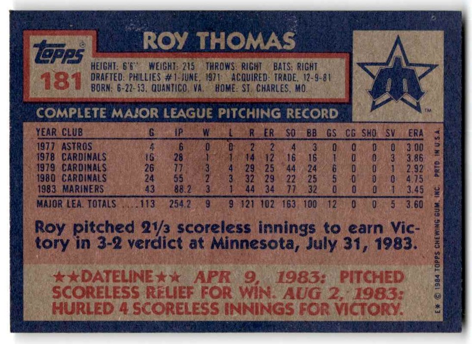 1984 Topps Roy Thomas Seattle Mariners #181 | eBay