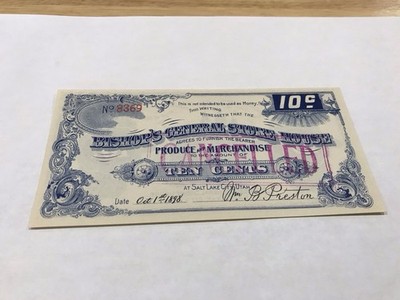 A&O-1898 Salt Lake City, Utah 10 Cents Mormon Currency “produce” Bishop ...