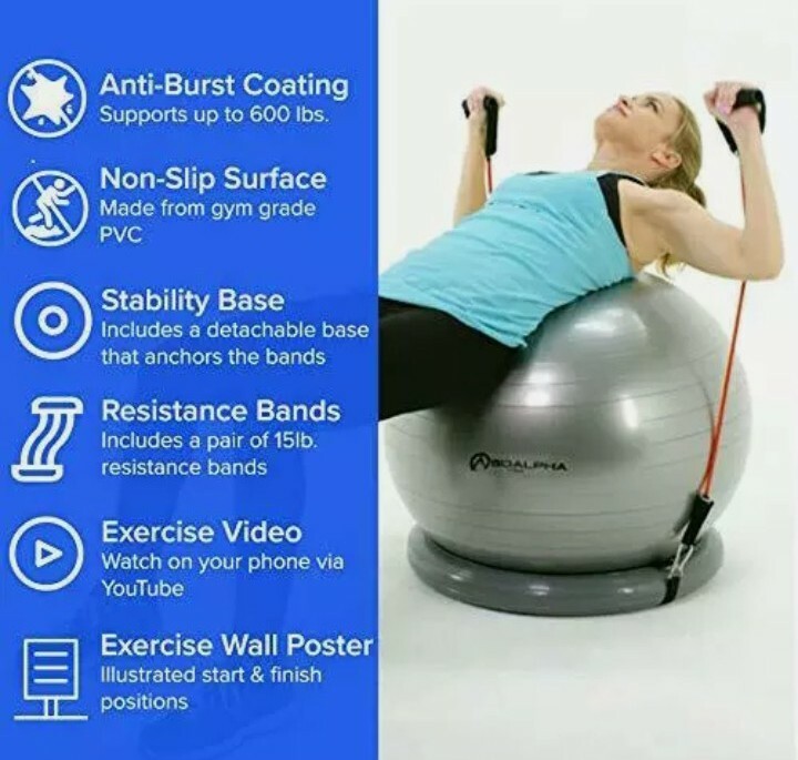 Premium Exercise 65 Cm Fitness Ball With 15lb Resistance Bands Home Gym ...