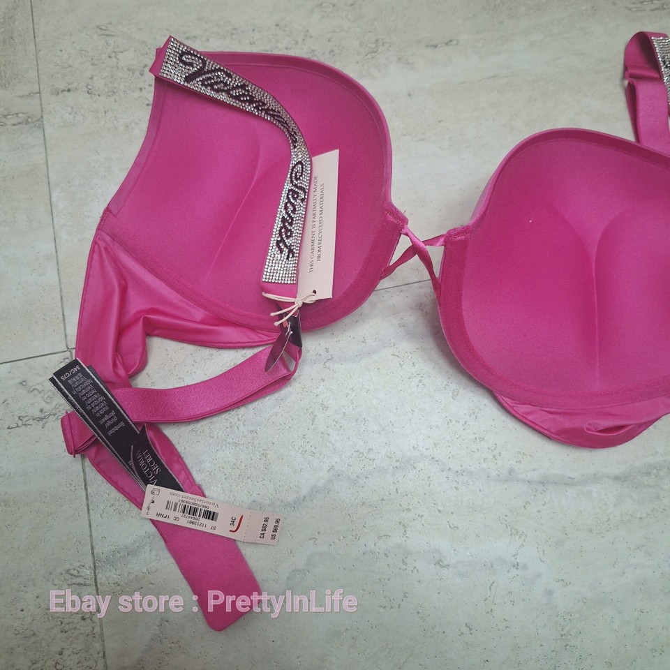 Victoria's Secret Bombshell +2 cup lace Push Up Bra Set shine hot pink ...