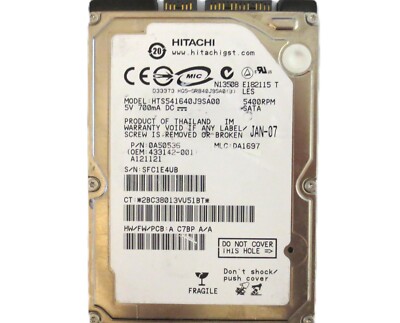 Hitachi HTS541640J9SA00 0A50536 DA1697 (SFC) Thailand 40gb 2.5" Sata ...