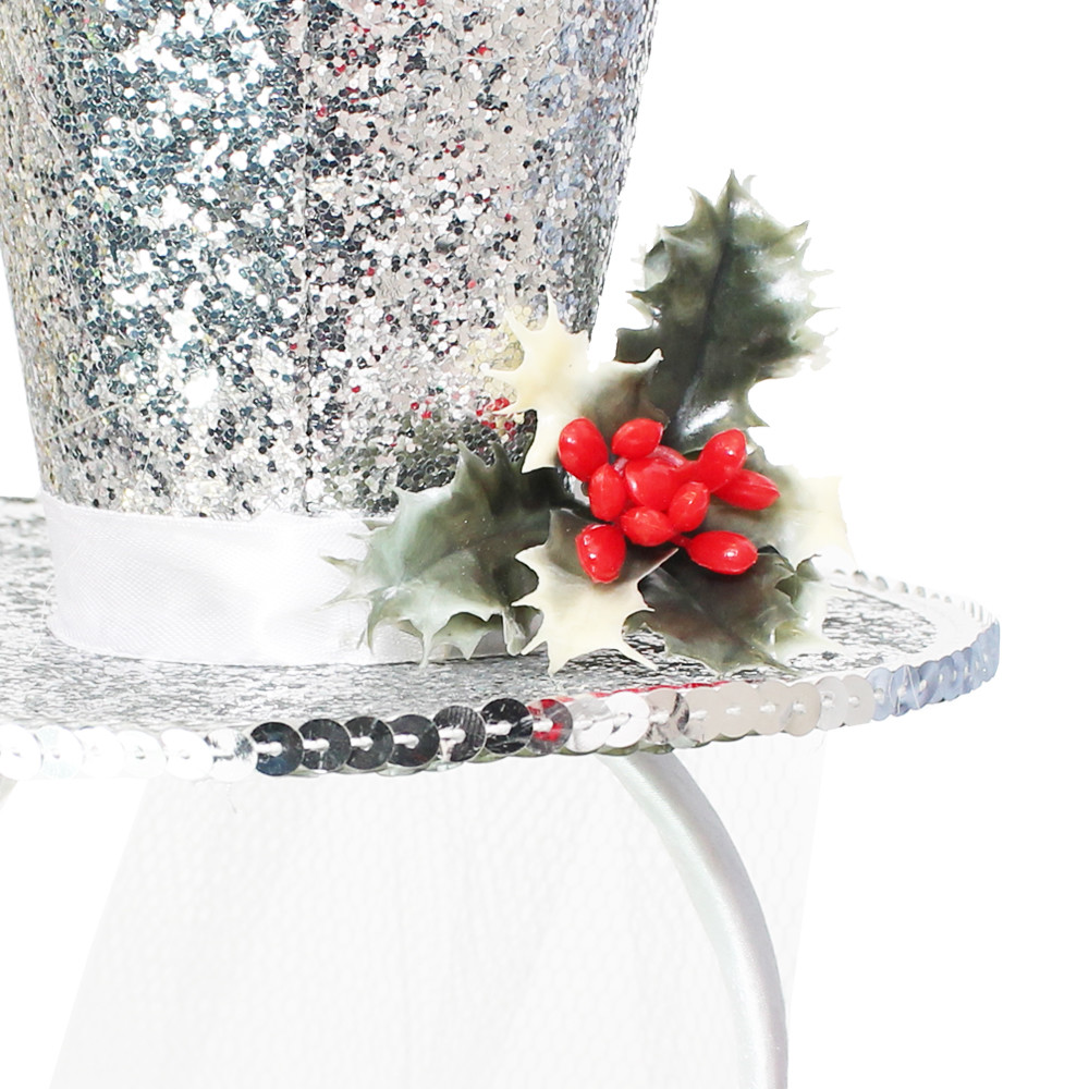 MINI GLITTER TOP HAT WITH HOLLY CHRISTMAS HEADBAND VEIL LADIES PARTY ...