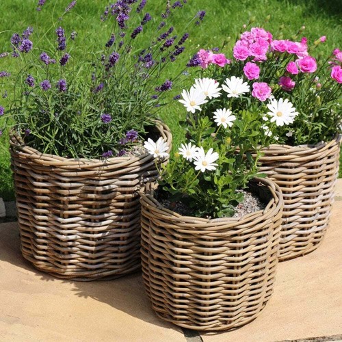 Grey & Buff Rattan Round Wicker Planter Plant Pot Flower Woven Lined ...