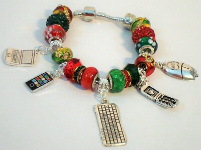 Cyber Monday European charm bracelet red & green glass + gold metal ...