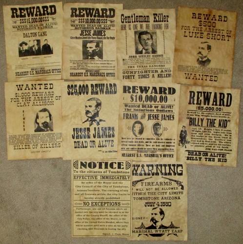 Wyatt Earp Tombstone Wanted Posters Jesse James Daltons Billy the Kid ...