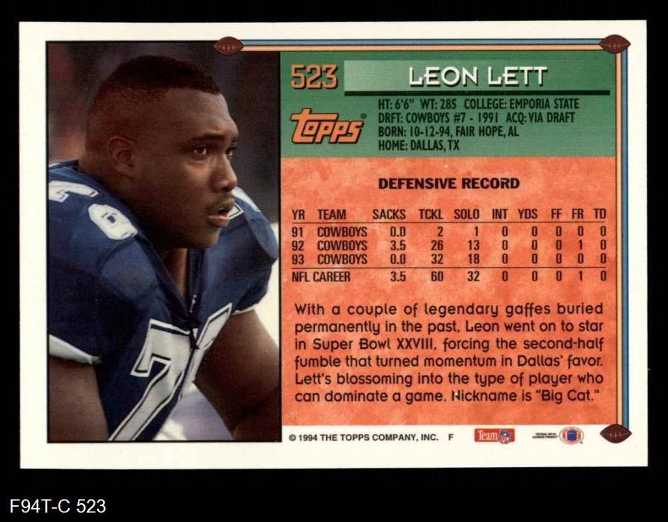 1994 Topps #523 Leon Lett Cowboys Emporia St 8 - NM/MT | eBay