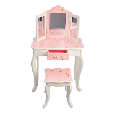 Girls 3 pc Vanity Set Pink Gold White Stars Table Mirror Stool Makeup ...