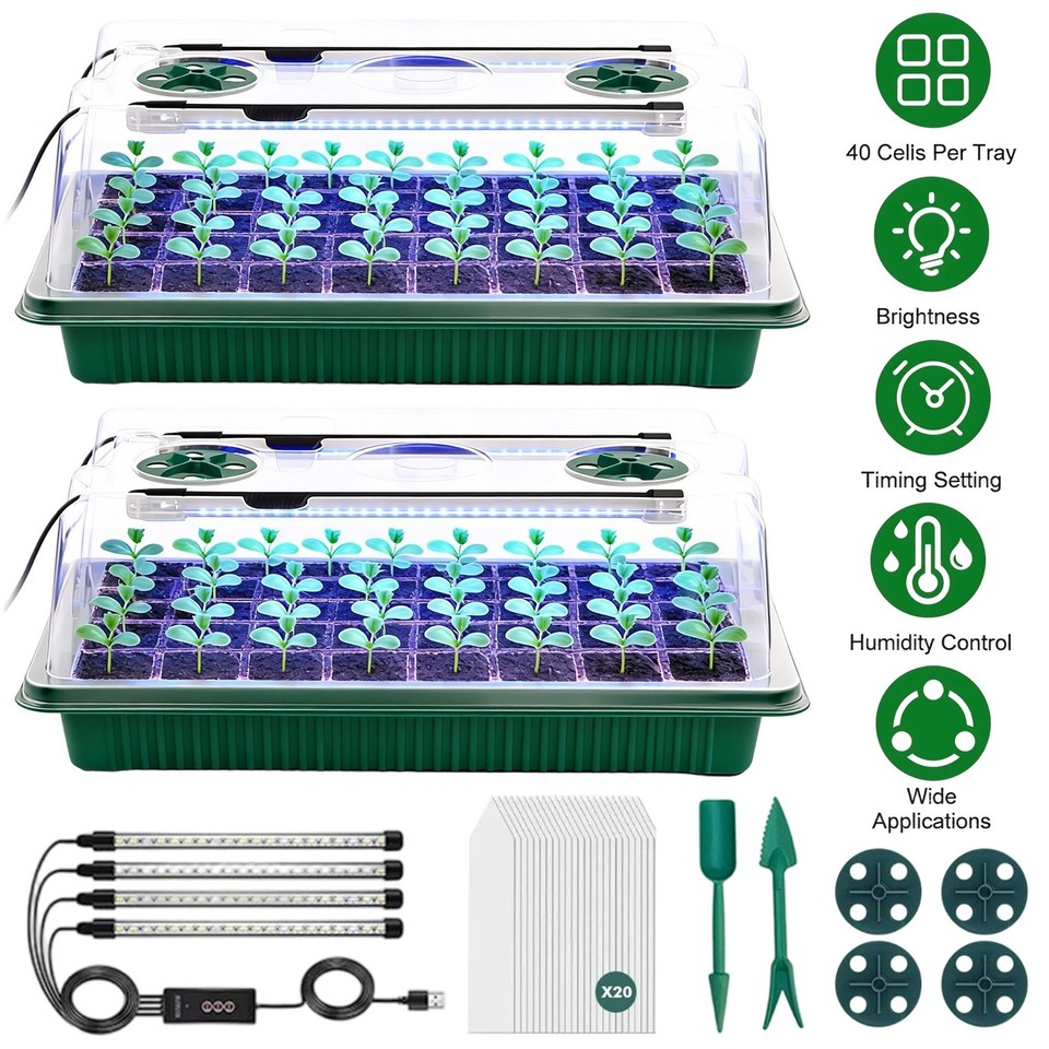 Seed Starter Tray with Grow Light, 2 Packs 80 Cells Seed Starting Kit ...