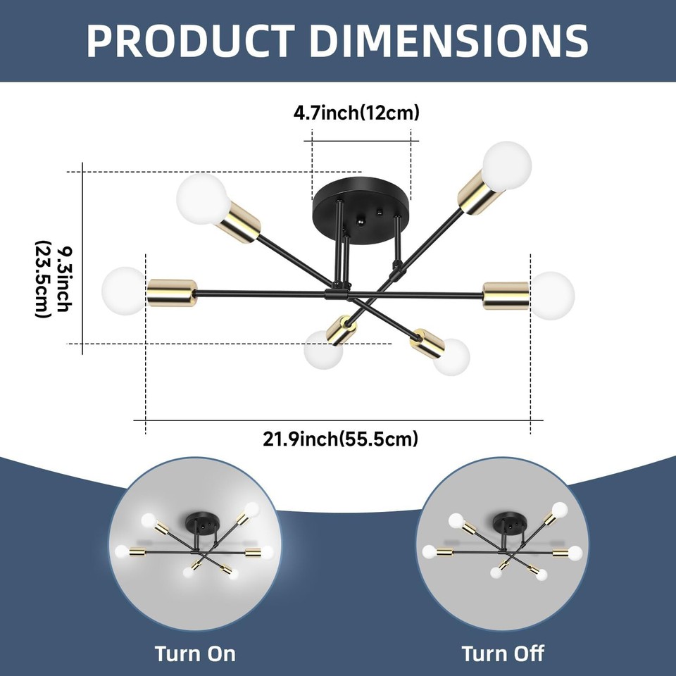 Modern Sputnik Chandelier Gold & Black 6-Lights Living Room Bedroom ...