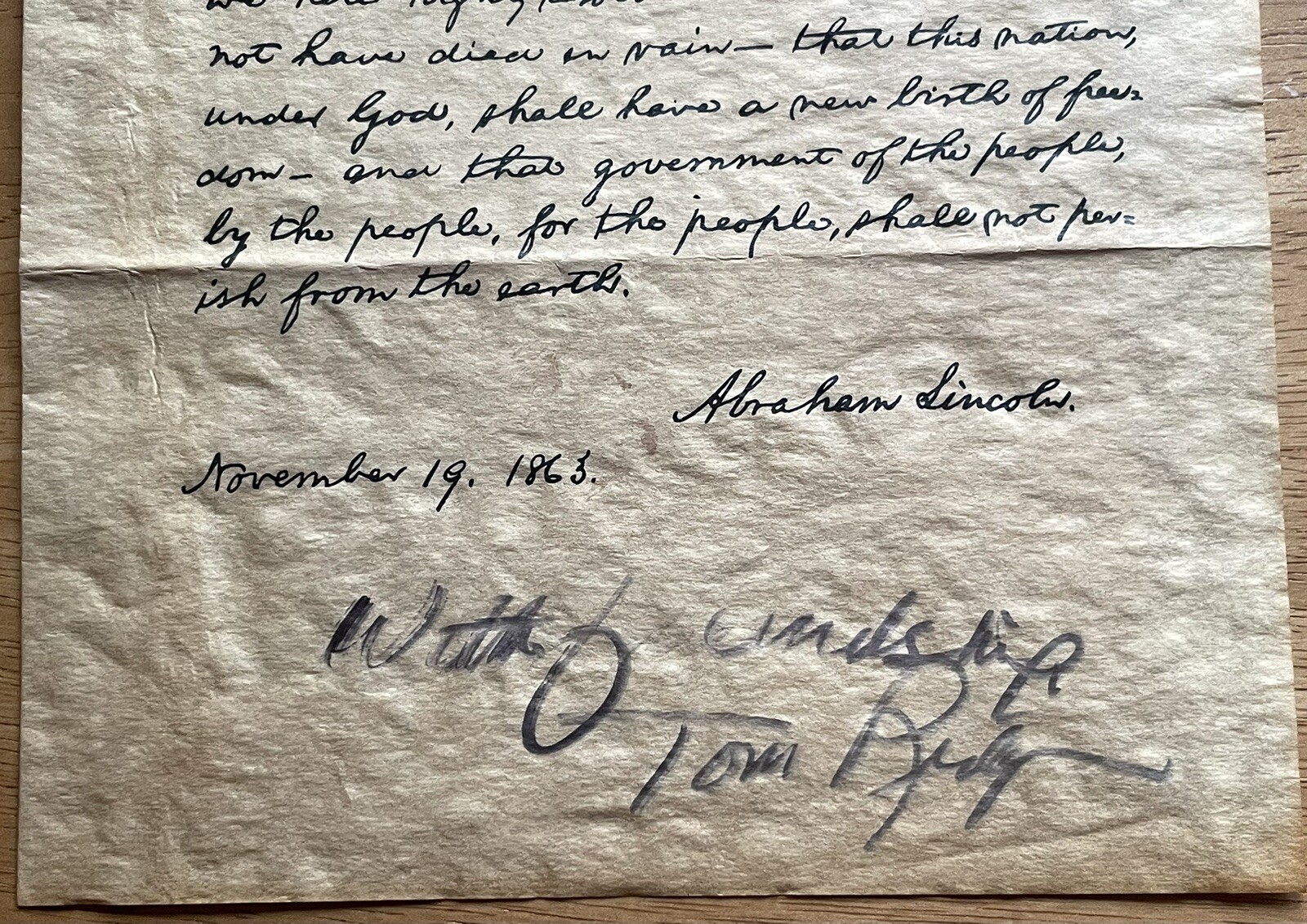 Governor of PA TOM RIDGE Autograph on a copy of The Gettysburg Address ...