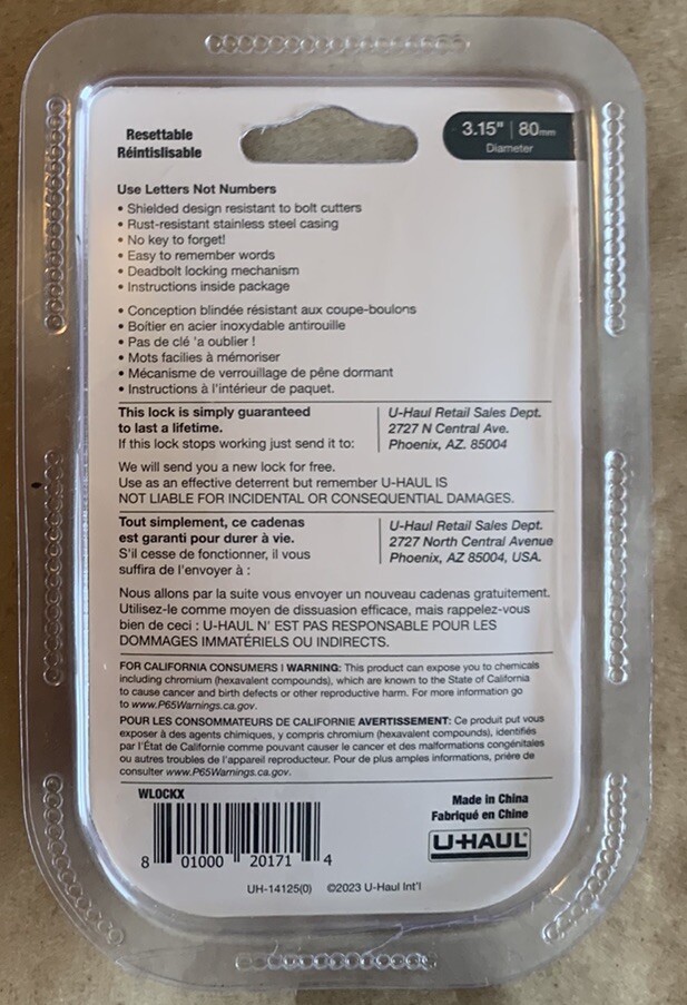 U-HAUL Stainless Steel Letter Lock, Brand New, Product # WLOCKX , 80 mm ...