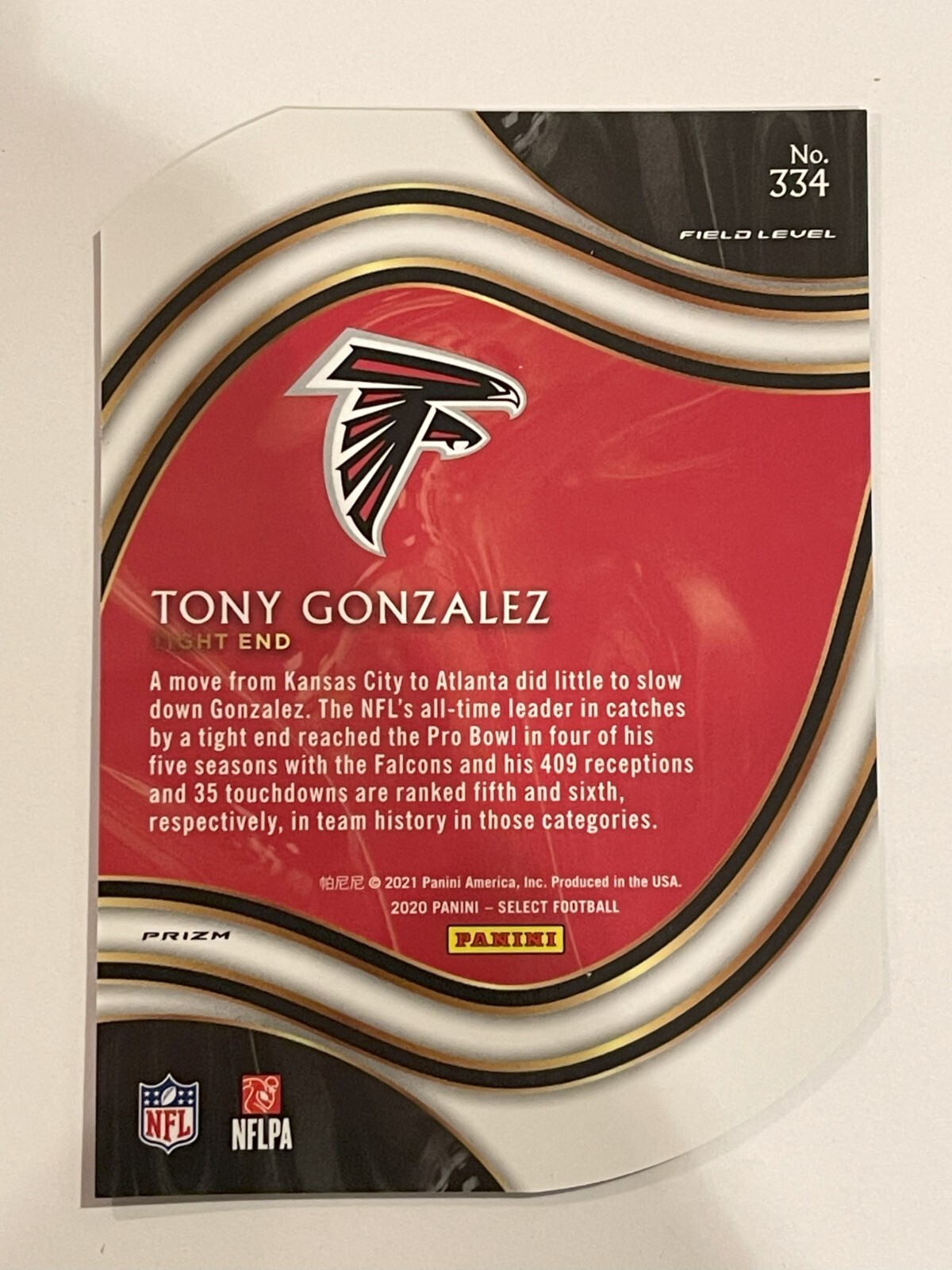 2020 Panini Select Falcons Tony Gonzalez Field Level Purple Prizm Die ...