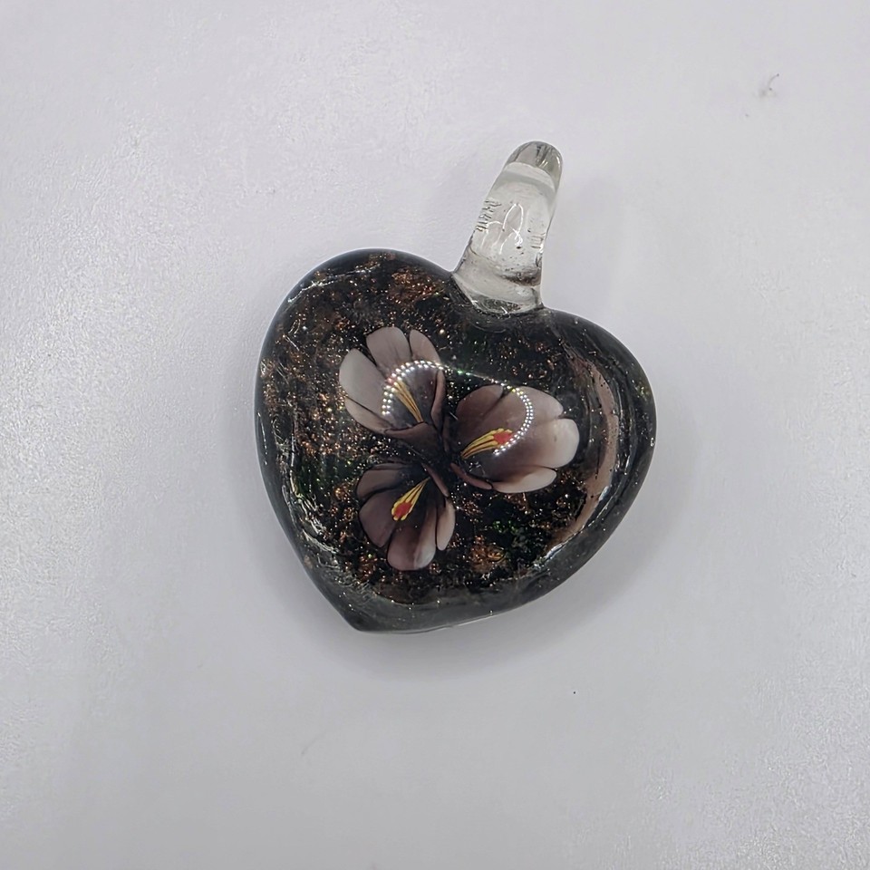 Hand Blown Glass Heart Pendant Necklace Charm Floral Dark Sparkle ...