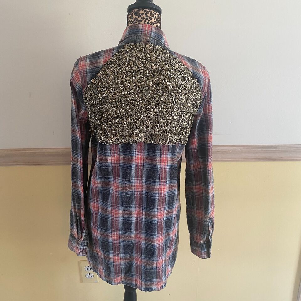 Free People Little Bit of Sugar Sequin Plaid Shirt Size Small Petite ...
