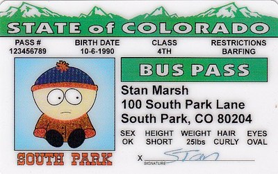 South Park Cartoon Stan Marsh plastic collector ID card Drivers License ...
