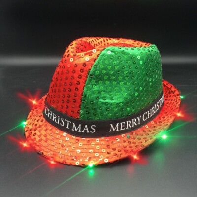 Light Up X'Mas Holiday Fedora Hat 14 LED Sequin Party Cap Costume ...