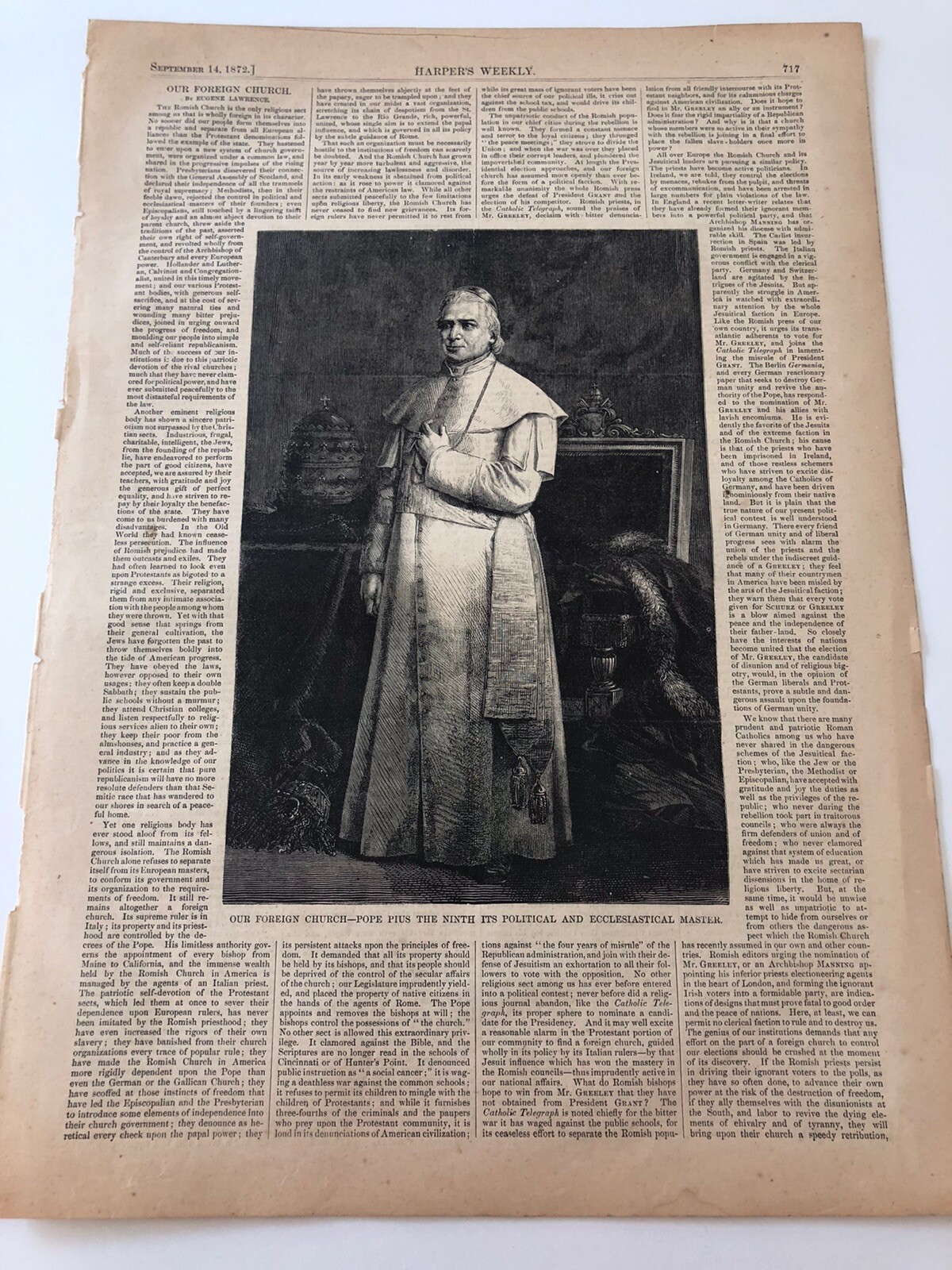 1872 Harpers Antique Print Portrait Of Pope Pius The 9th #4420 | eBay