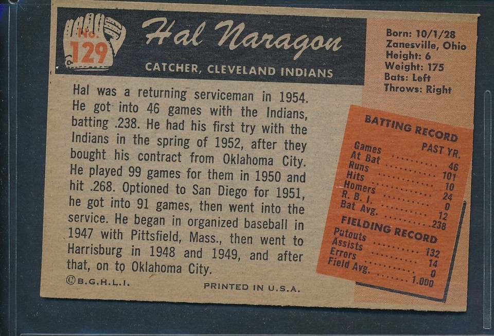 1955 Bowman Set-Break #129: HAL NARAGON "Cleveland Indians" ~ VG-EX ...