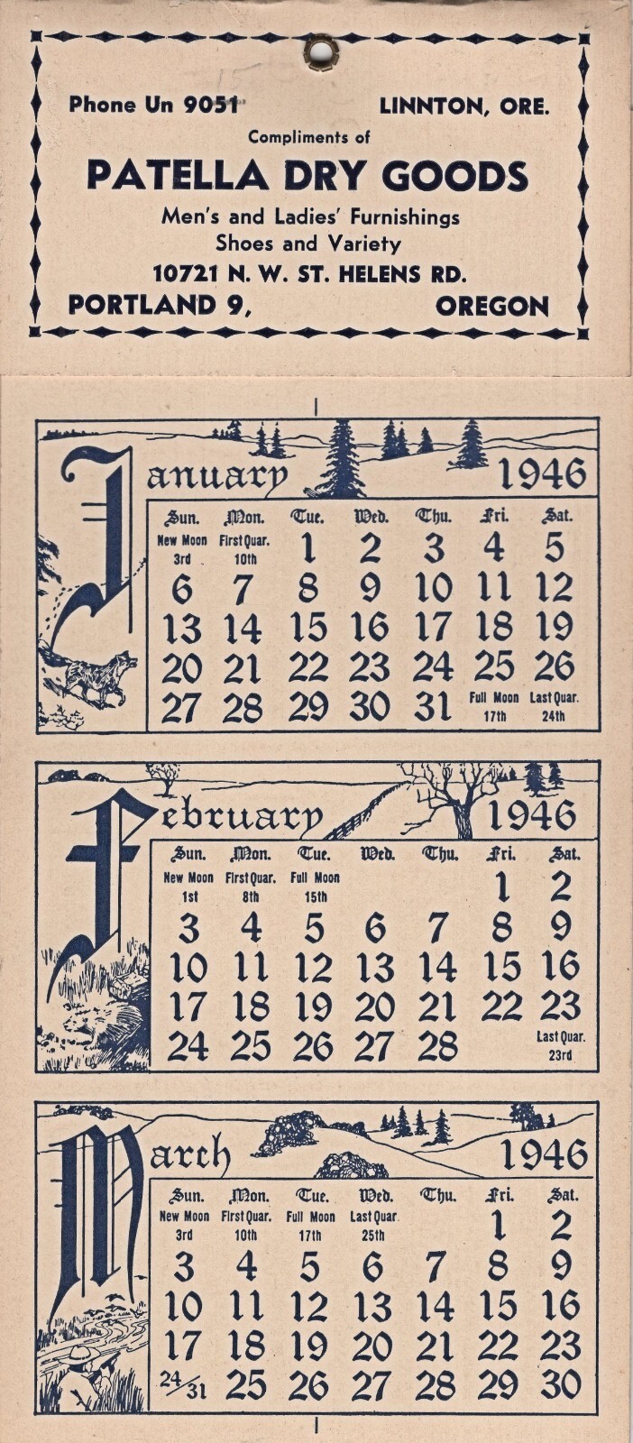 1946 Calendar Patella Dry Goods Portland and Linton Oregon | eBay