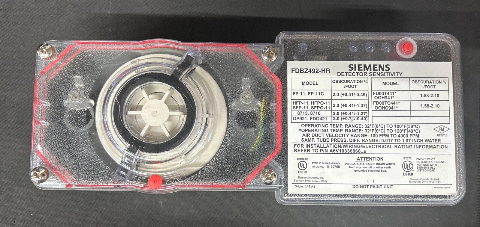 Siemens FDBZ492-HR Fire Alarm Duct Smoke Detector Housing | eBay