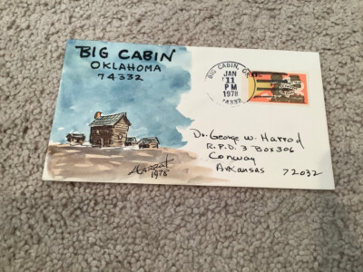 1978 BIG CABIN Oklahoma: Signed FOLK ART WATERCOLOR Postal Cover GEORGE ...