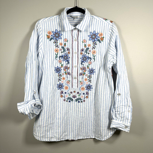 John Mark Medium White Blue Stripe Floral Embroidered Linen Long Sleeve