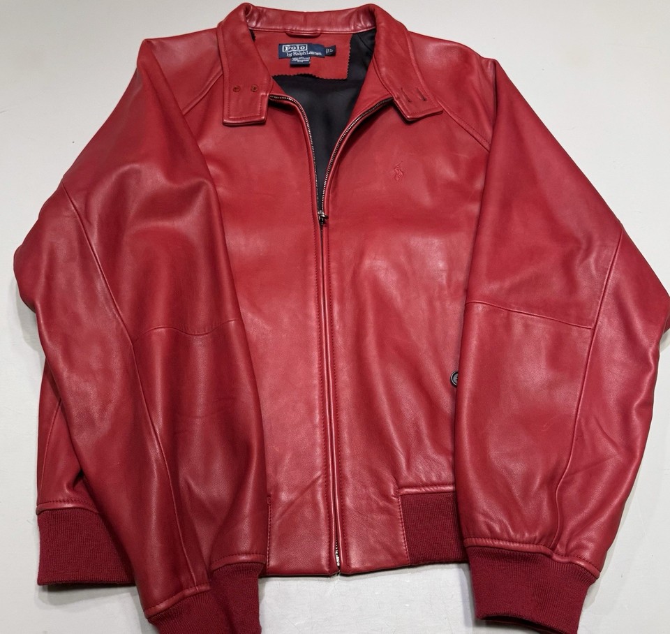 Polo Ralph Lauren Red Leather Bomber Jacket Full Zip Excellent Men’s Sz ...