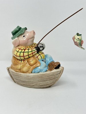 Fitz & Floyd Pig Fishing in Boat, Fish On Rod Fisherman Cookie Treat ...