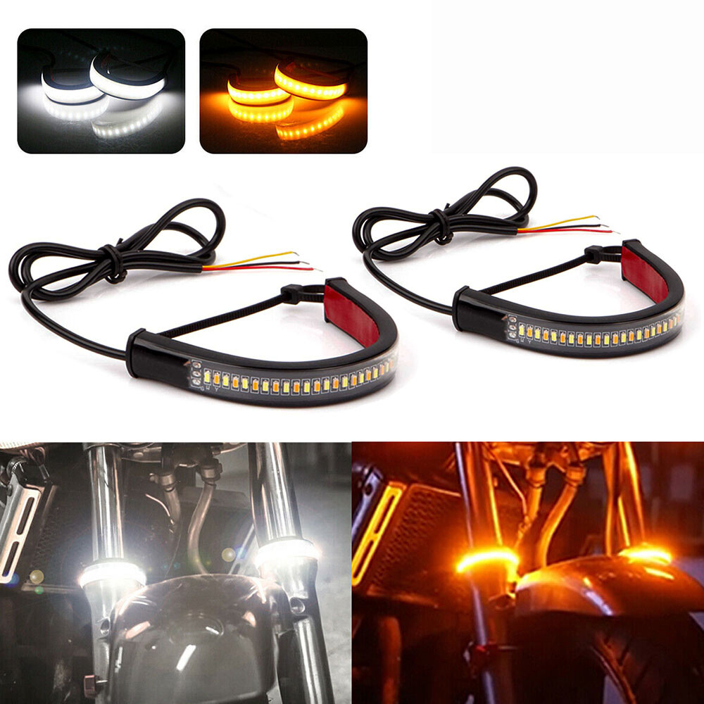 White/Amber Switchback Fork LED Turn Signal DRL Light Strips Motorcycle ...