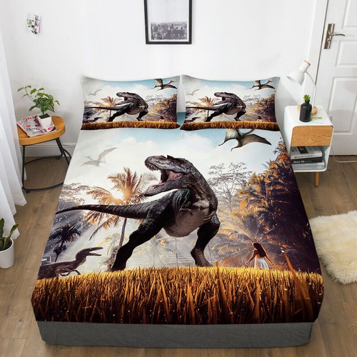 Cartoon Dinosaur World Fitted Sheet Bed Decor Set Single/Double/Queen ...