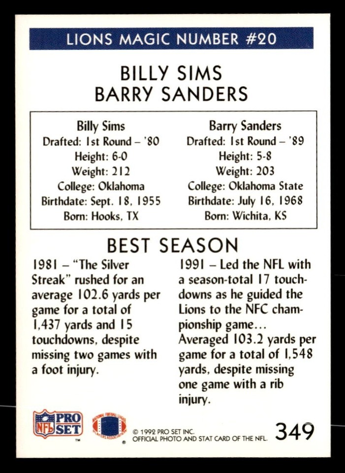 Barry Sanders / Billy Sims 1992 Pro Set Magic 20 Numbers Card #349 ...