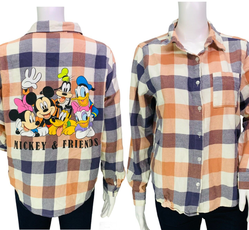 Disney Womens Mickey & Friends Flannel Shirt Graphic Print Blue Orange ...