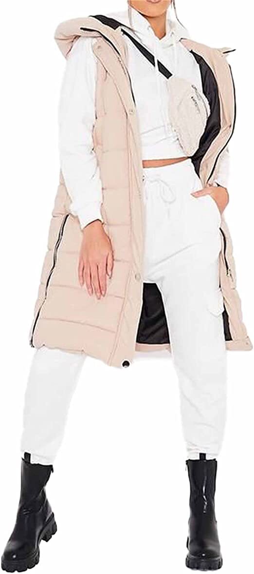 WOMENS LADIES LONG LINE HOODED PUFFER GILET JACKET PADDED VEST TOP BODY ...