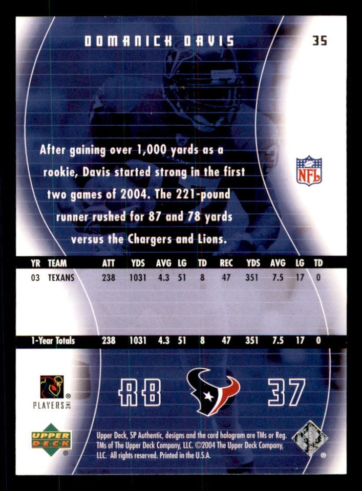 2004 SP Authentic #35 Domanick Davis Houston Texans | eBay