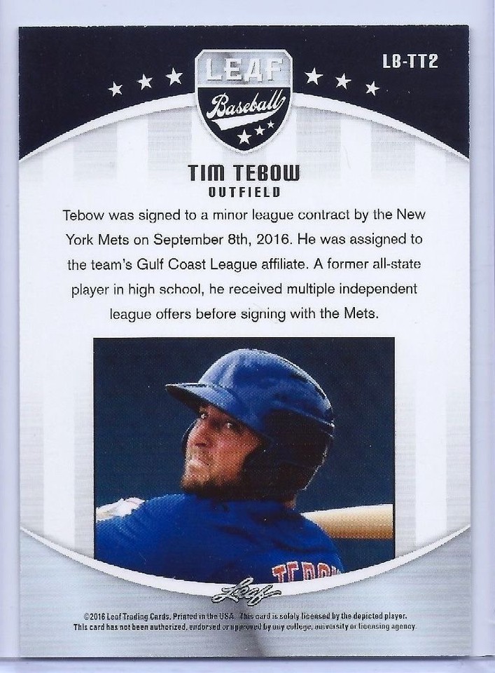 TIM TEBOW 2016 LEAF DRAFT BASEBALL 1ST EVER PRINTED ROOKIE CARD #2 ...